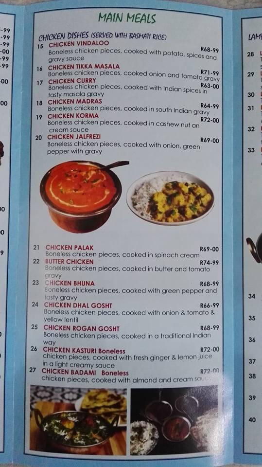 Menu at Patiala curry house restaurant, Secunda