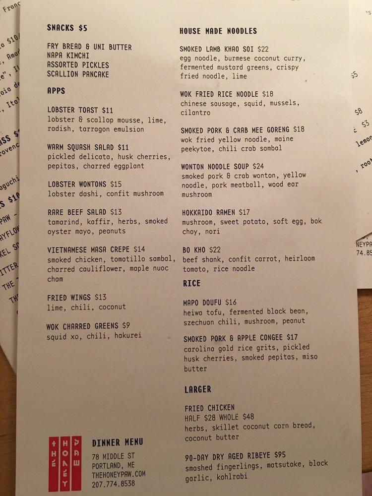 Menu at The Honey Paw restaurant, Portland