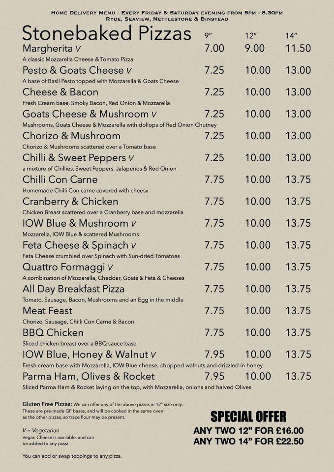 Menu at The Old Barracks, Seaview