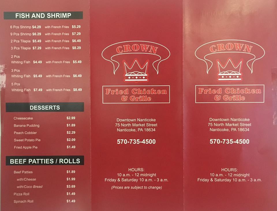 Menu at Crown Fried Chicken fast food, Nanticoke