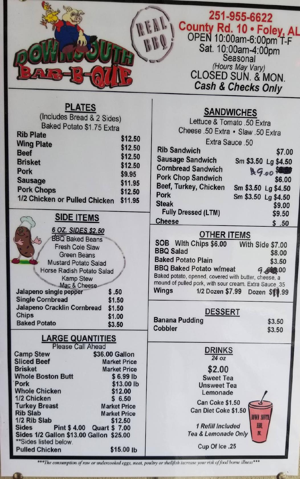 Menu at Down South BBQ, Foley, Co Rd 10