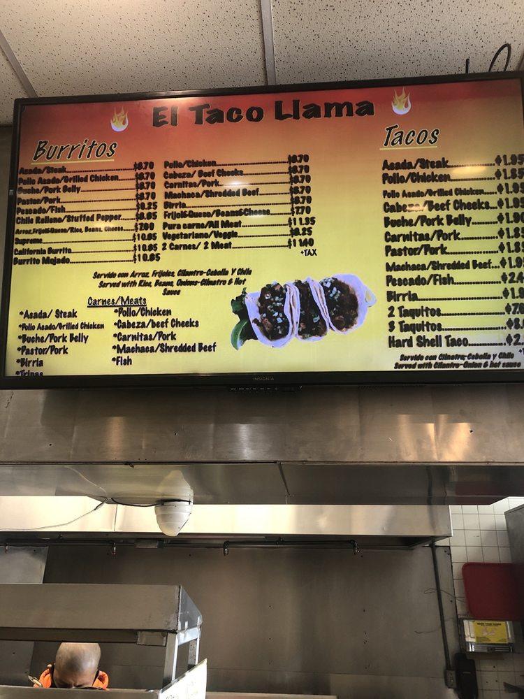 Menu at El Taco Llama restaurant, Los Angeles, 16858 Sherman Way
