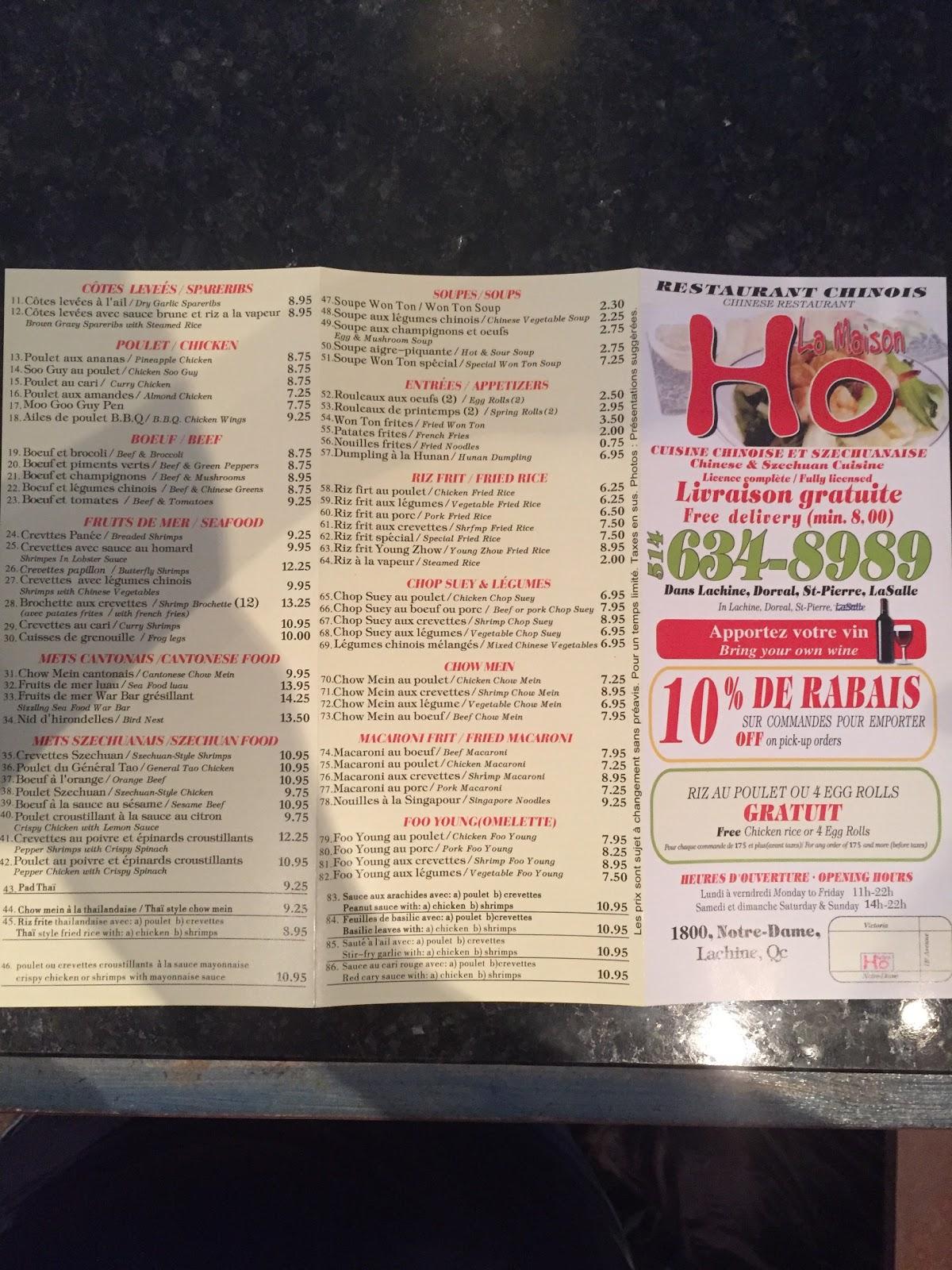 Menu at La Maison Ho restaurant, Montréal, Rue Notre Dame