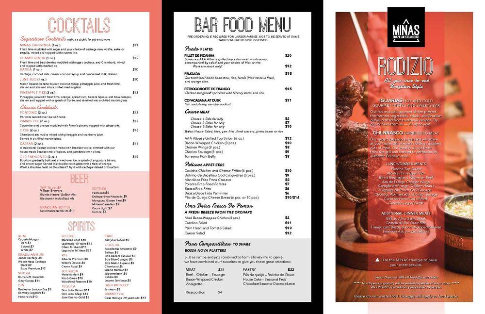 Menu at Minas Brazilian Steakhouse, Calgary