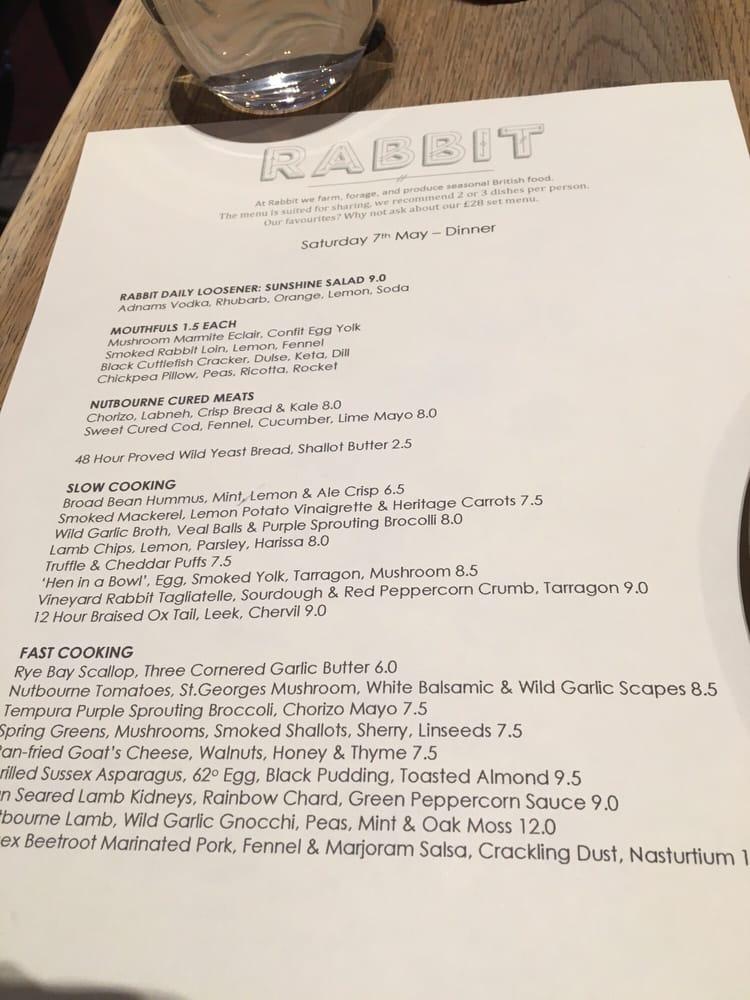 Menu at Rabbit restaurant, London