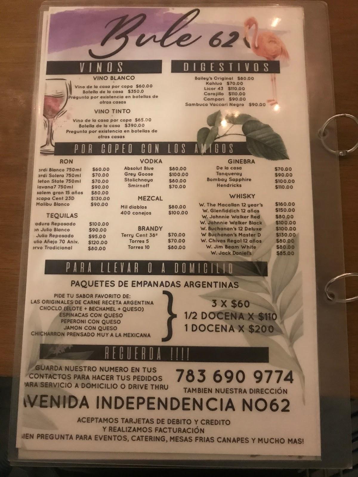 Carta de Restaurante Bule 62, Tuxpan