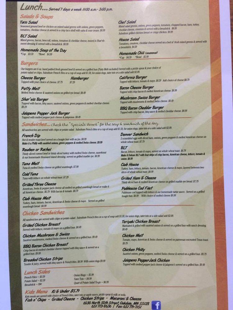 Menu at Shar'els Cafe, North Saint Paul