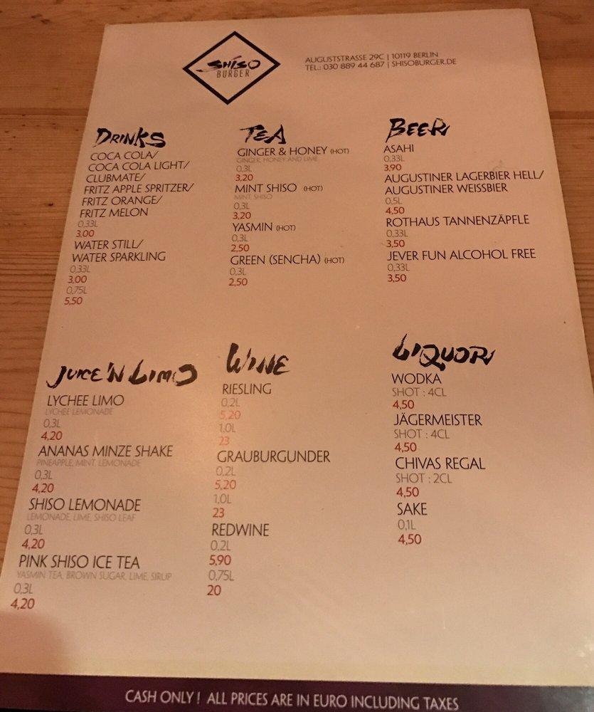 Menu at Shiso Burger restaurant, Berlin, Auguststraße 29C