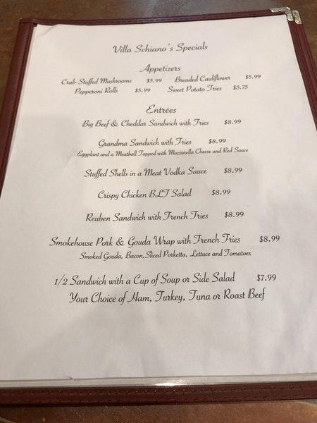 Menu at Villa Schiano restaurant, Elizabethville