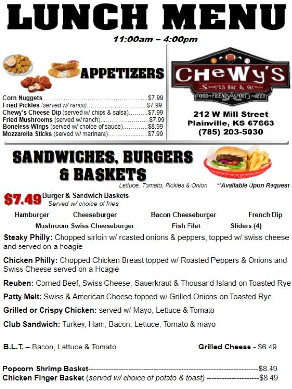 Menu at Chewy's Sports Bar And Grill, Plainville