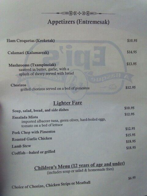 Menu at Epi's A Basque Restaurant, Meridian