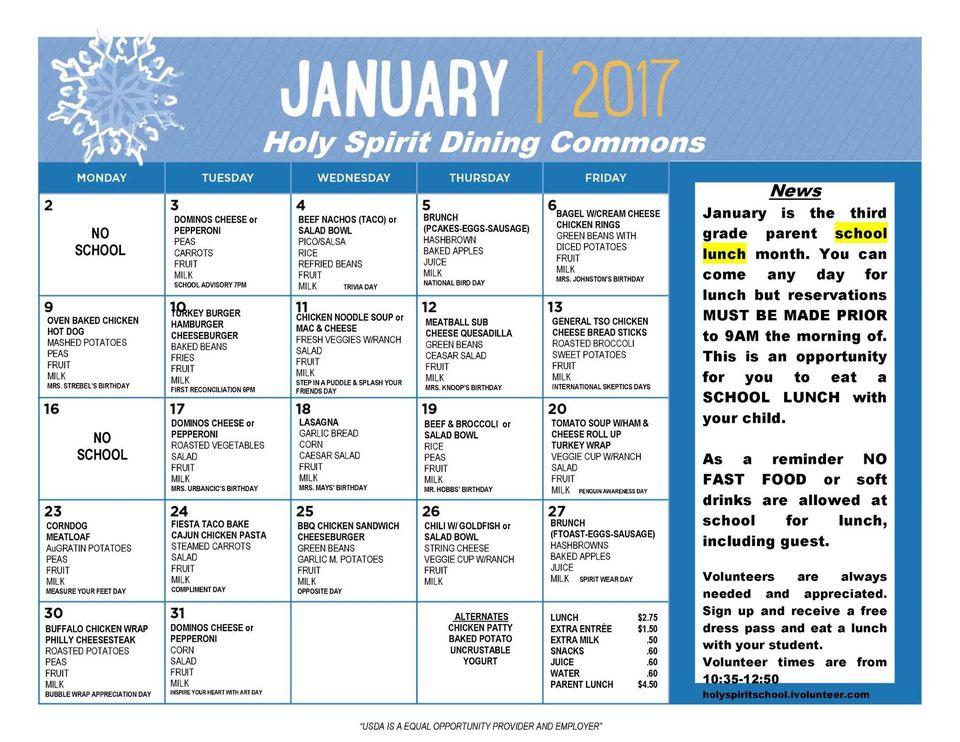 Menu at Holy Spirit Dining Commons cafeteria, Louisville