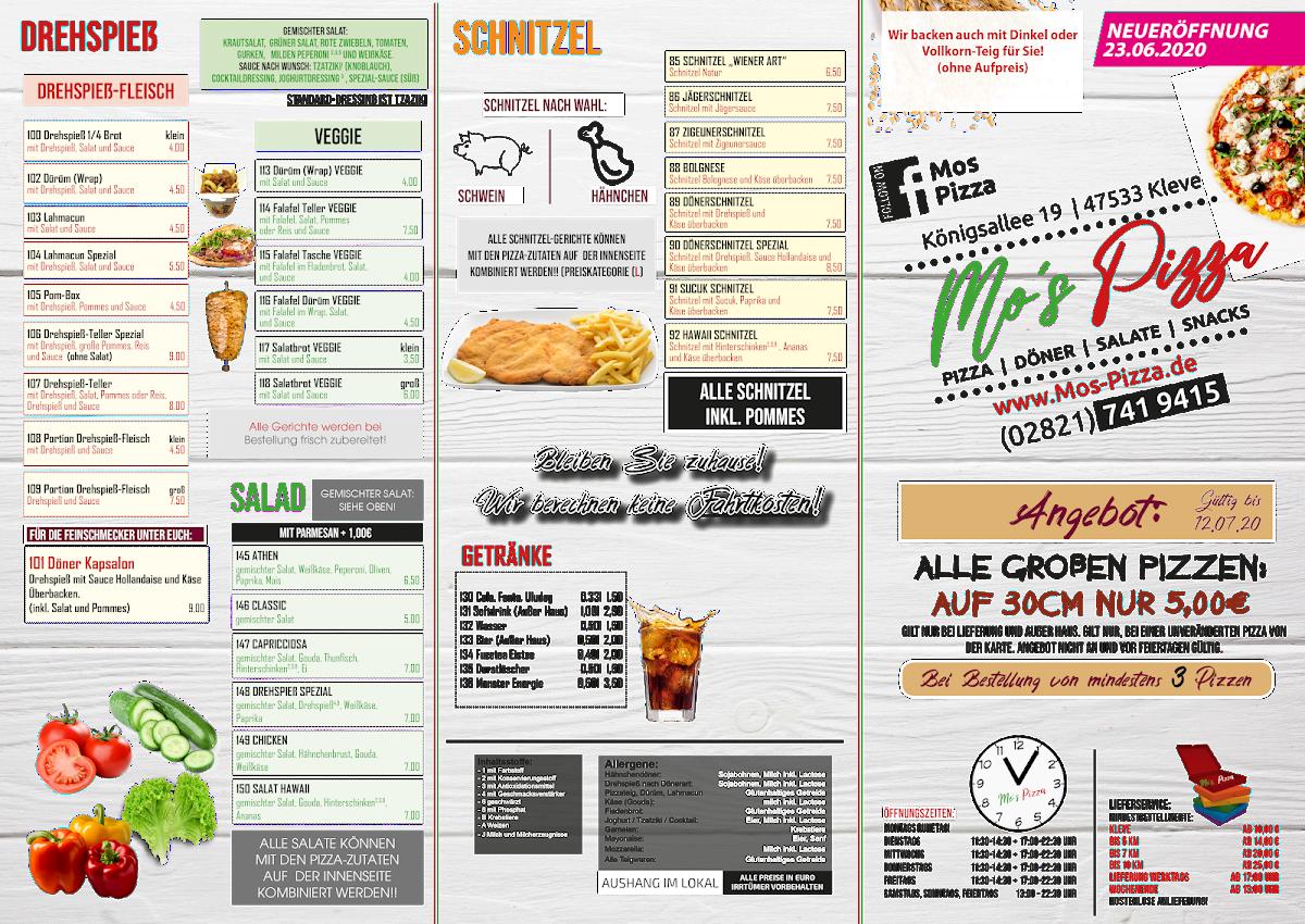 Menu at Mo's Pizza, Kleve