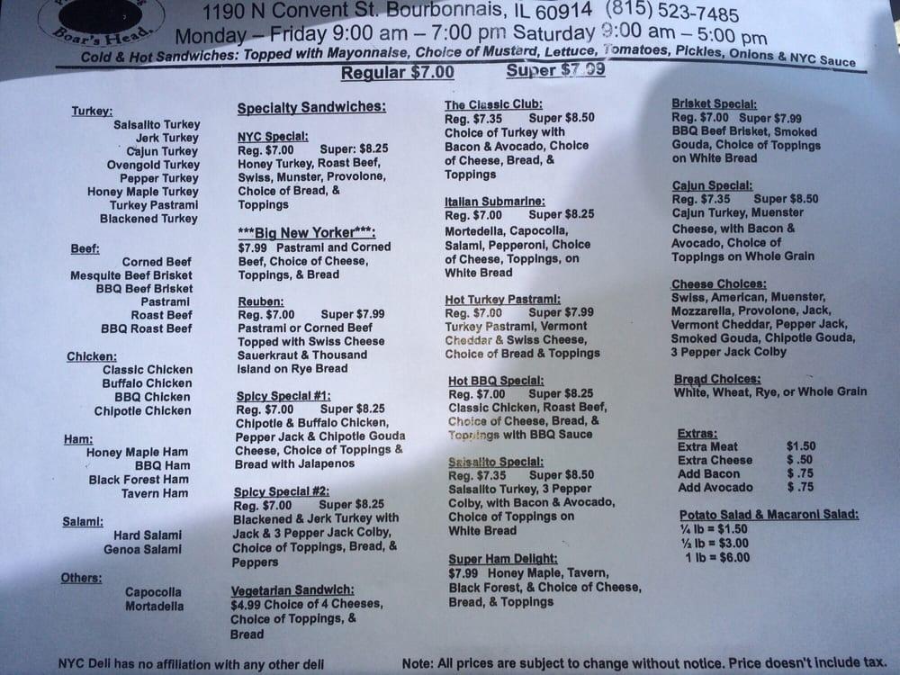 Menu at New York City Deli restaurant, Bourbonnais