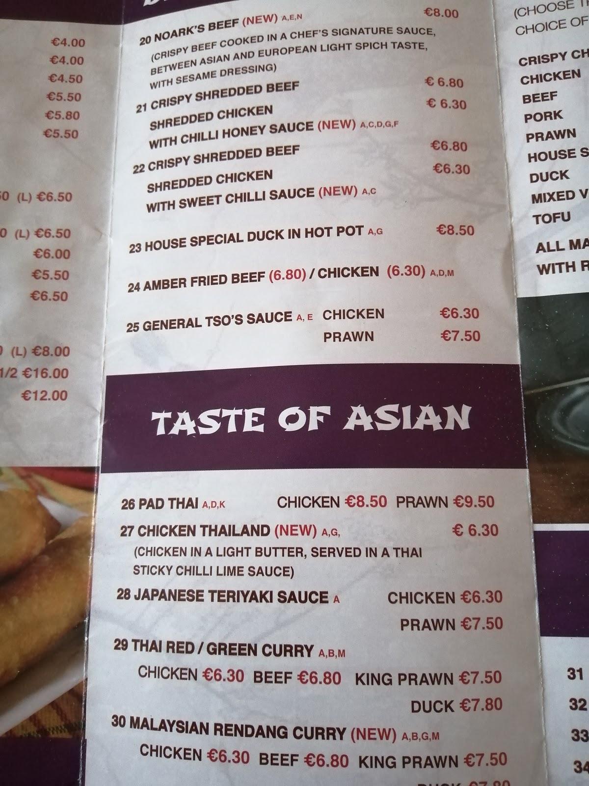 Menu at Noark's oriental chinese restaurant, Scarriff
