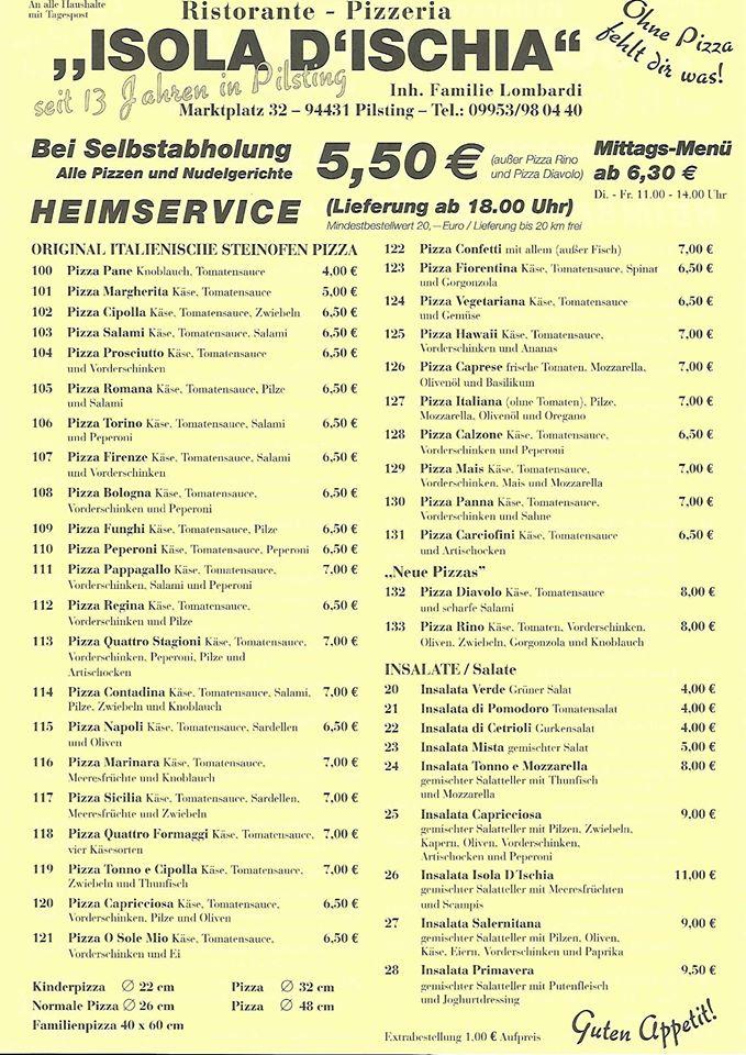Menu at Pizzeria Ischia, Pilsting
