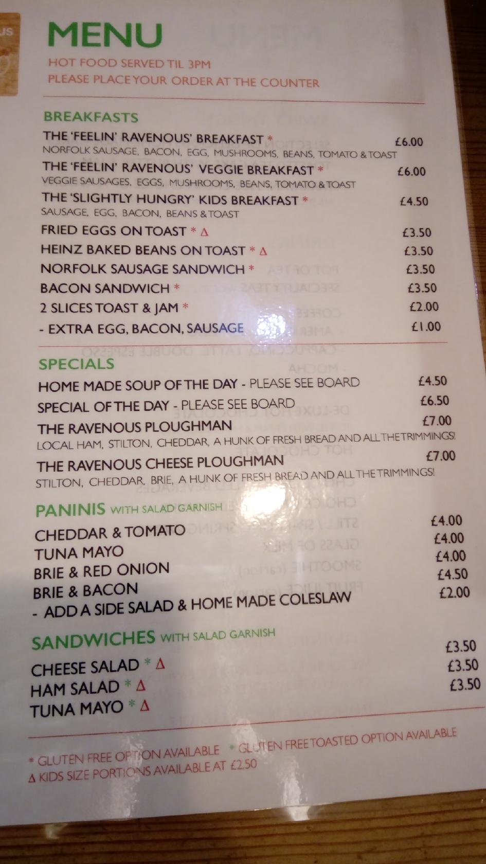 Menu at RAV ARTisan Coffee Shop The Raveningham Centre cafe ...