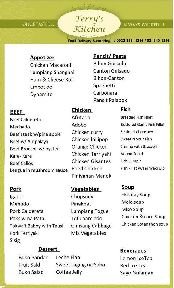 Menu at Terry's kitchrn restaurant, Marikina