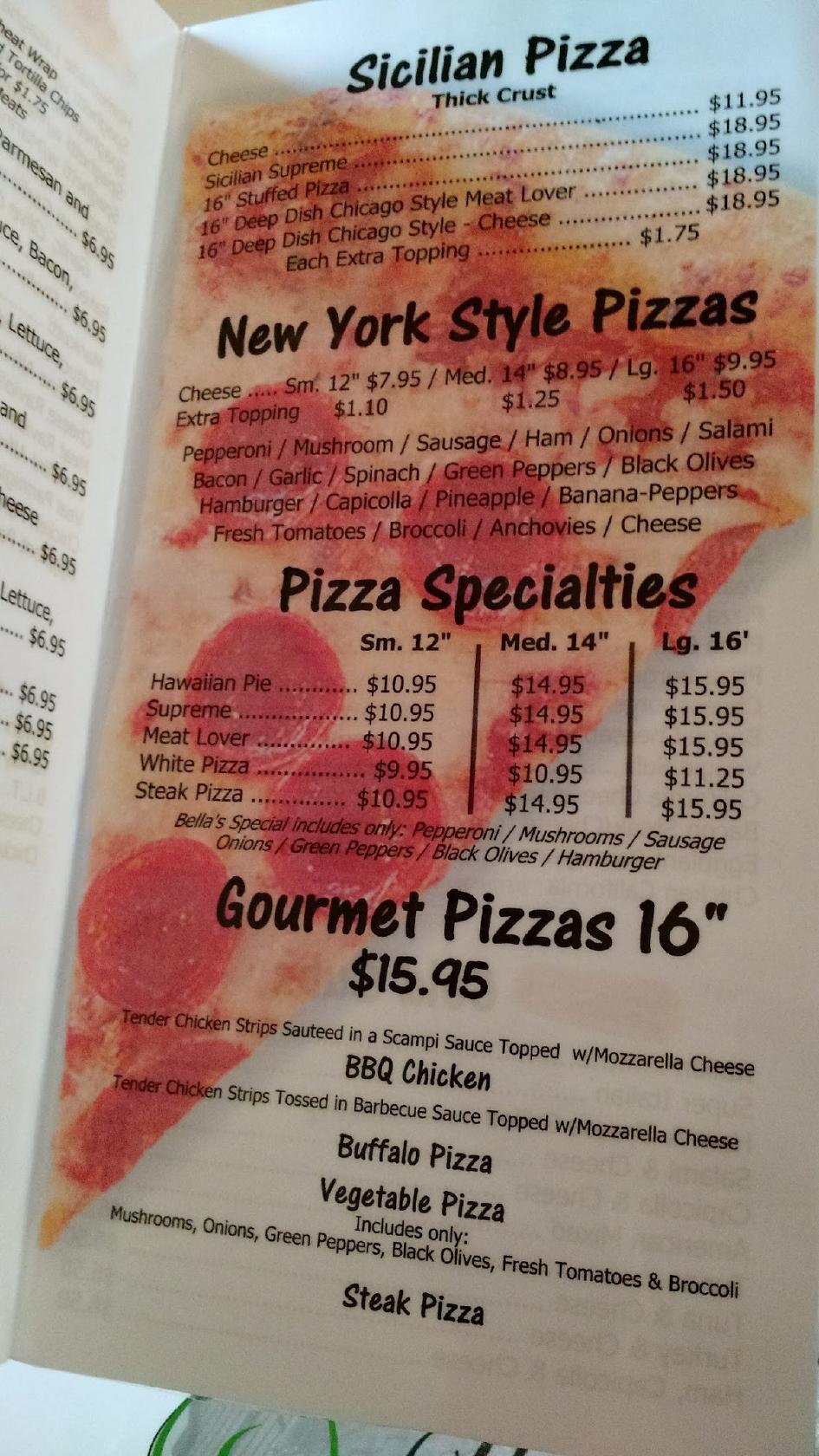Menu at Bella's Pizza restaurant, Salem