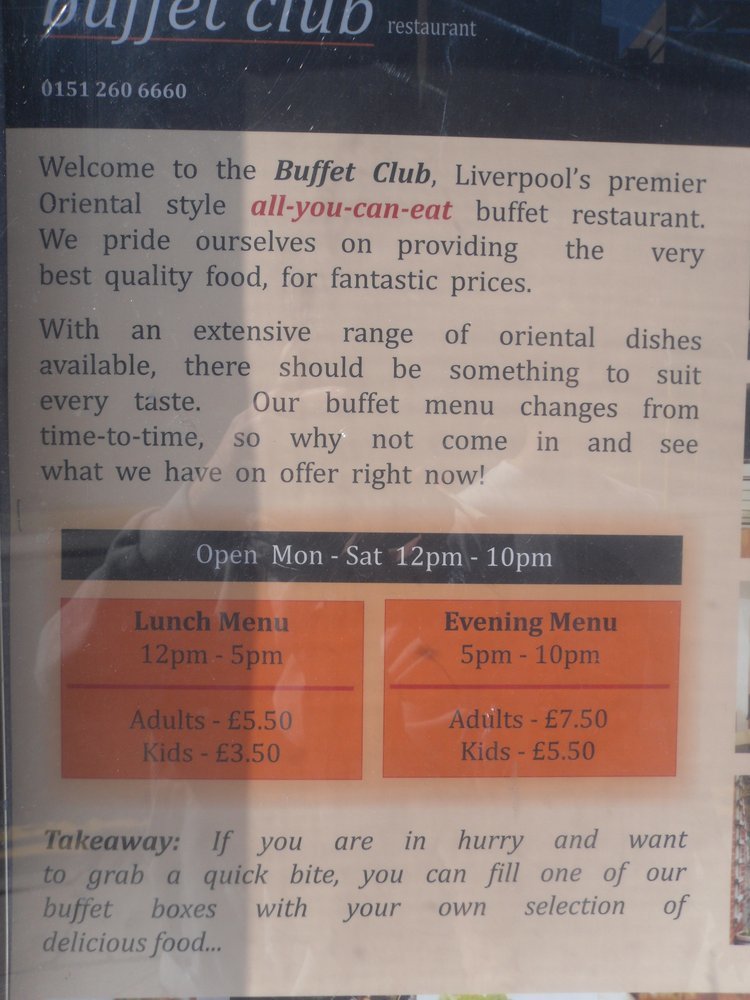 Menu at chinese buffet restaurant, Liverpool, Lime St