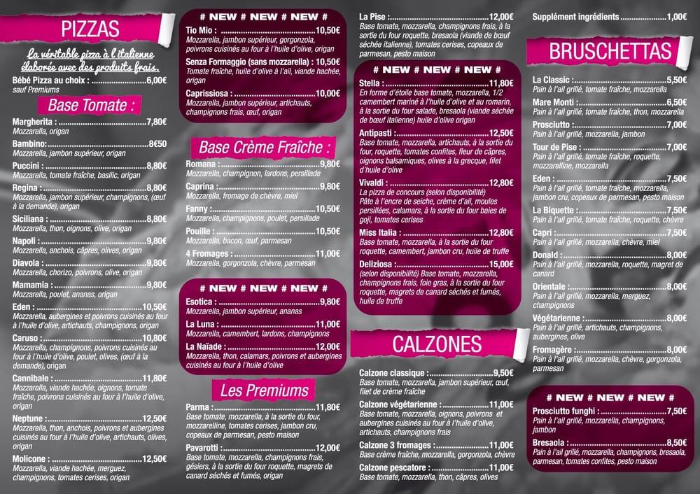 Menu au EDEN PIZZA pizzeria, Frontignan