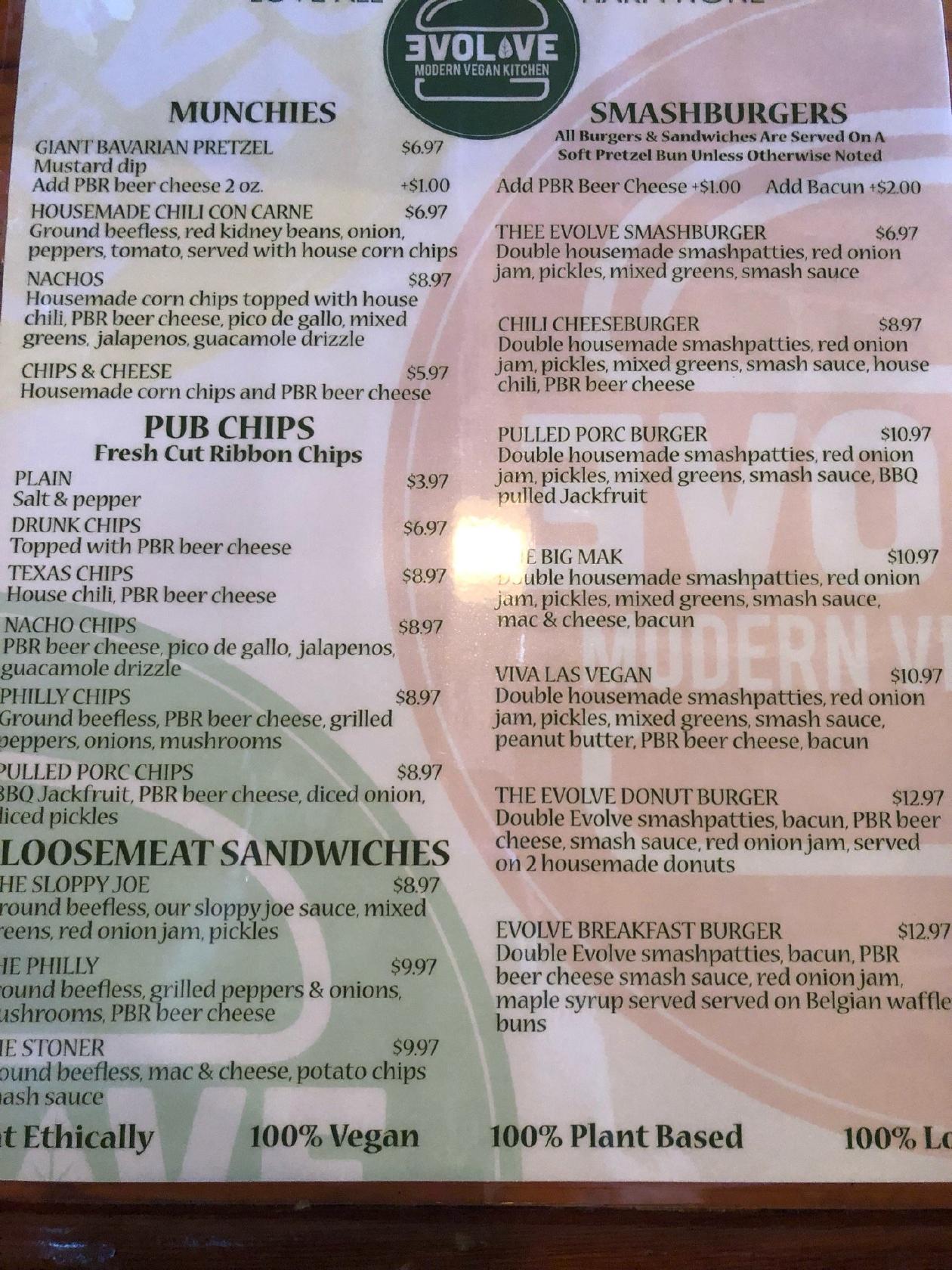 Menu at Evolve Modern Vegan Kitchen pub & bar, Daytona Beach