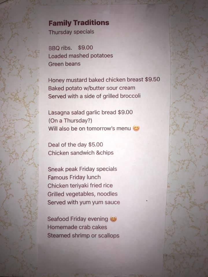 Menu at Family Traditions restaurant, Petersburg