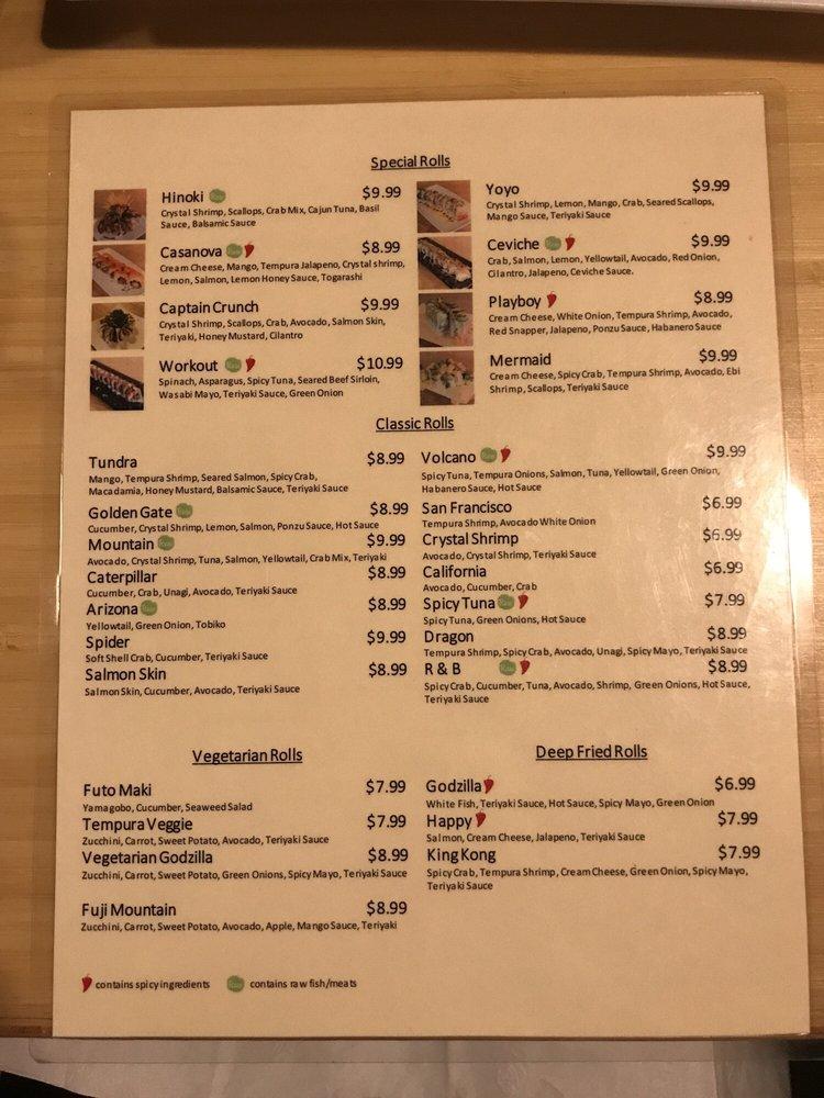 Menu at Hinoki Sushi restaurant, Reno