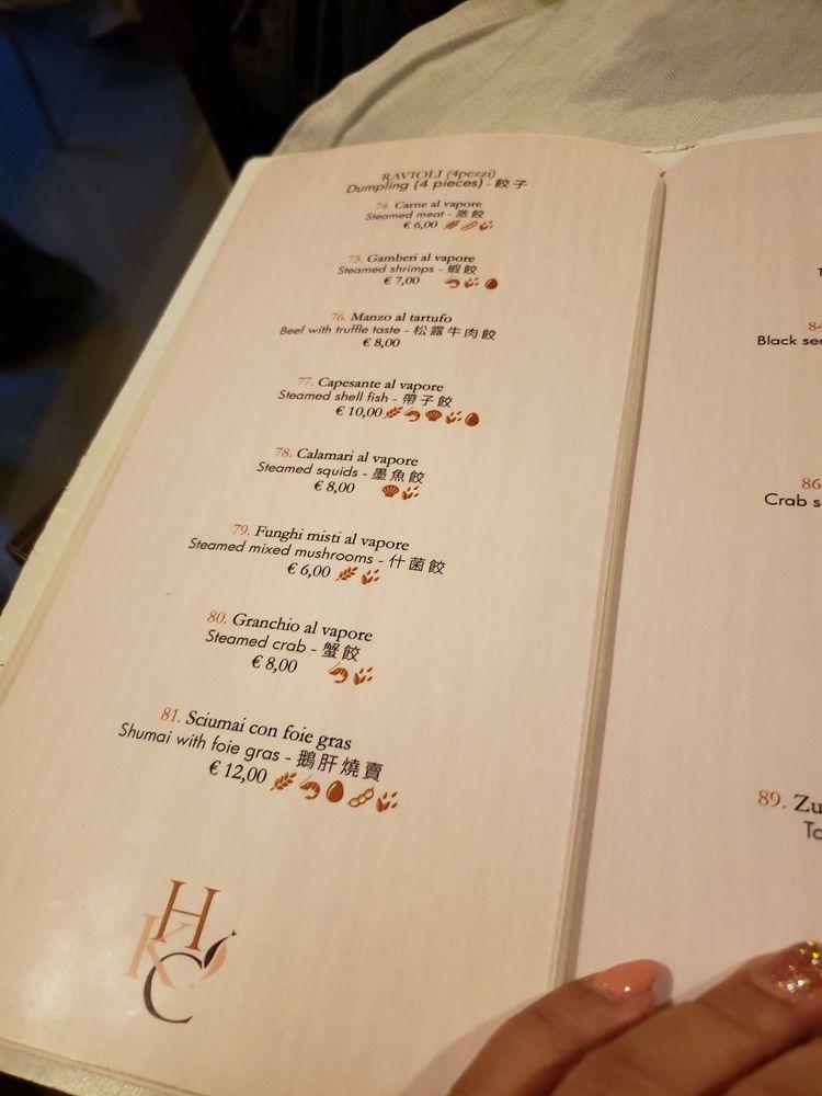 Menu at Hong Kong Crossover restaurant, Milan