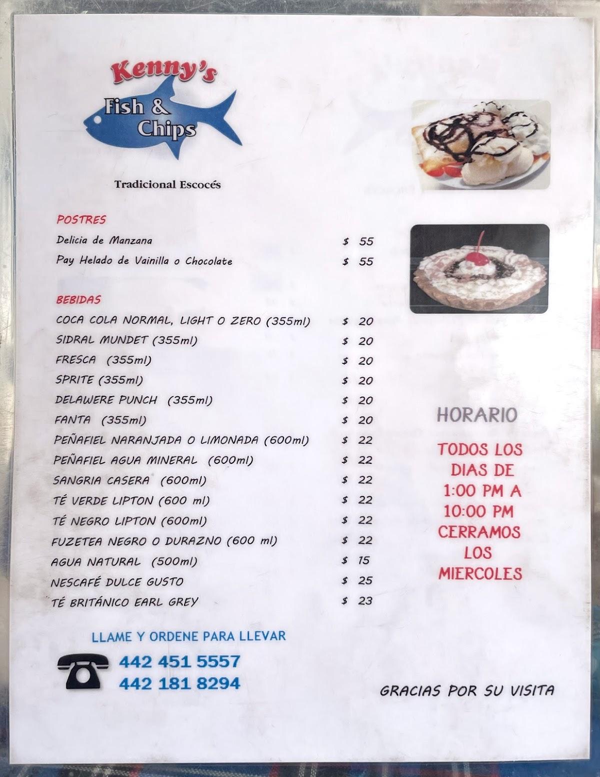 Menu at Kenny's Fish & Chips restaurant, Santiago de Querétaro