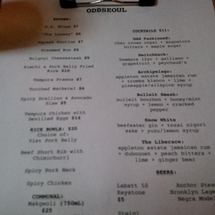 Menu at ODDSEOUL pub & bar, Toronto