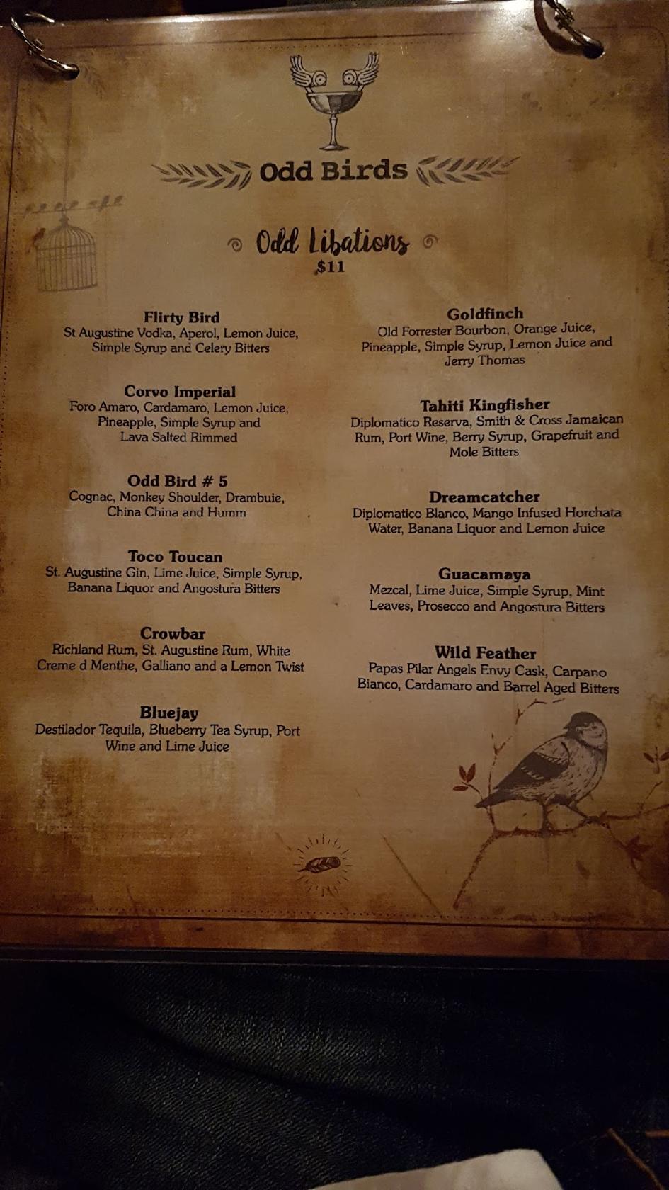 Menu at Odd Birds Cocktail Lounge and Kitchen pub & bar, St. Augustine