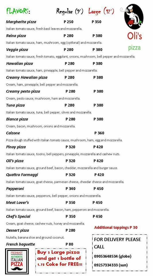 Menu at Oli's Pizza Delivery El Nido restaurant, El Nido