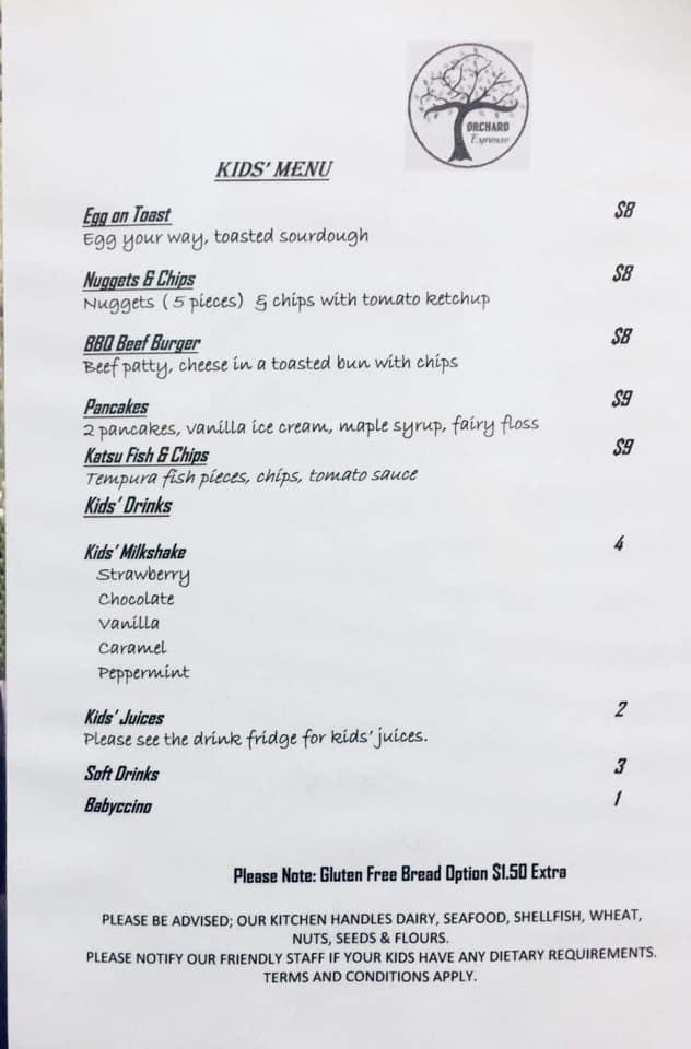 Menu at Orchard Espresso Roleystone cafe, Roleystone