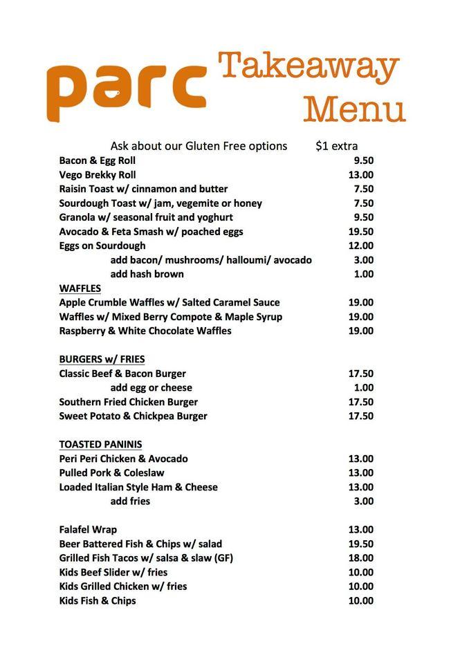 Carta de PARC. Cafe, Jindabyne, 49 Kosciuszko Rd