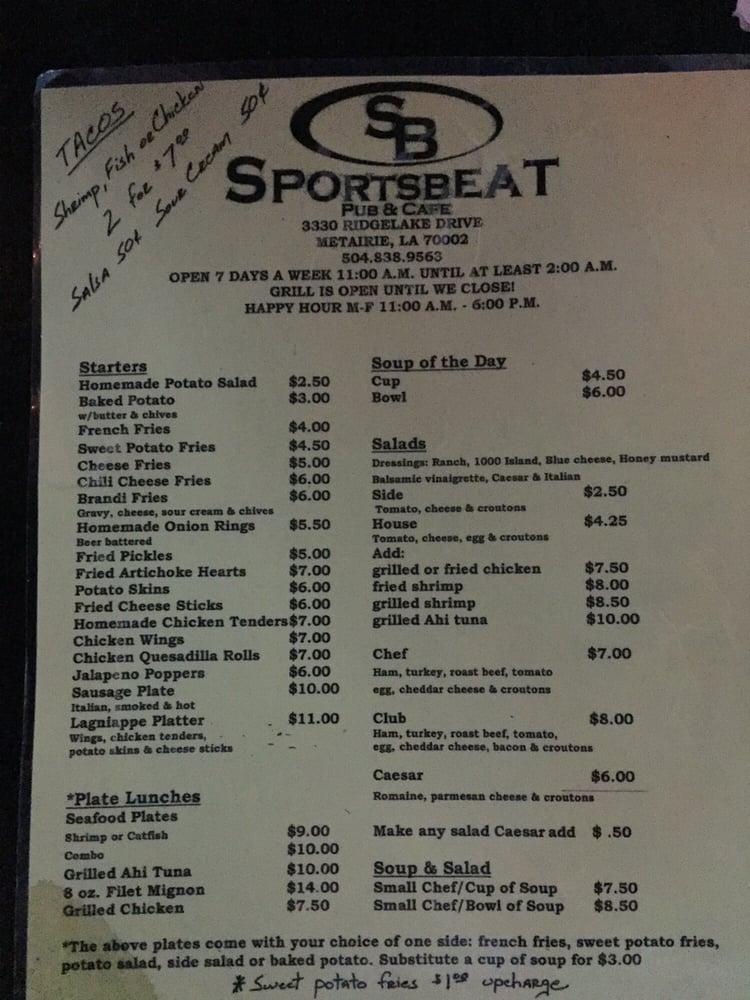 Menu at Sports Beat Pub & Cafe, Metairie