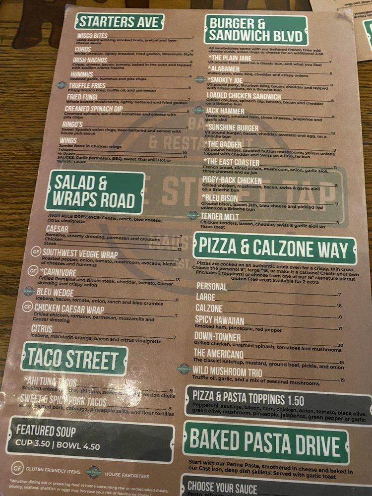 Menu at State Street Tap pizzeria, Mauston