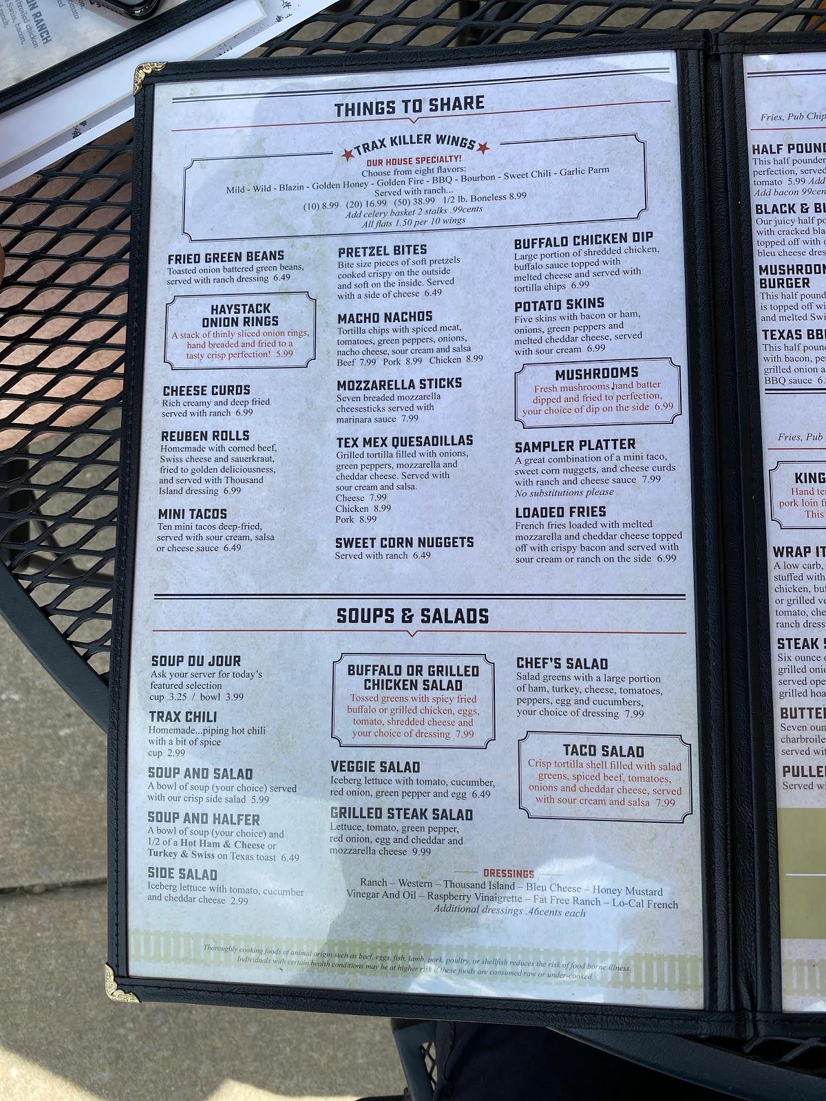 Menu at The Trax Northside Grill pub & bar, Monmouth