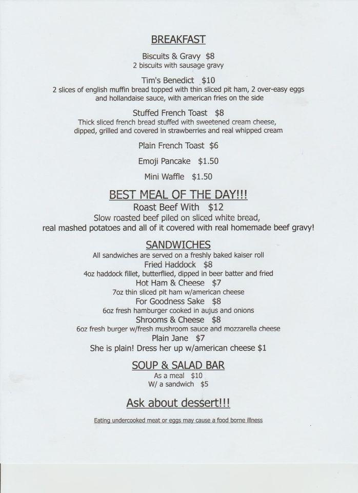 Menu at Timothy's Cafe, Fennimore