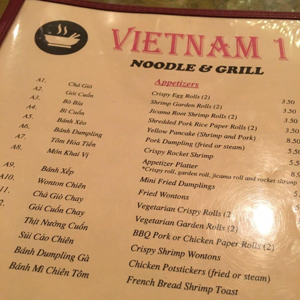 Menu at Vietnam One restaurant, Richmond