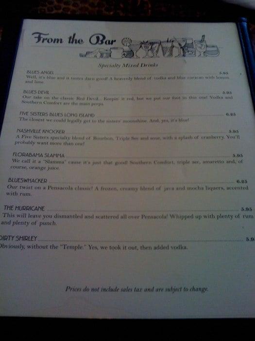 Menu at Five Sisters Blues Cafe, Pensacola