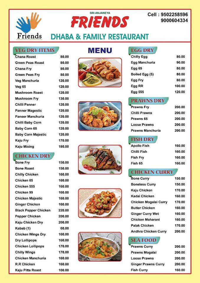 Menu at Friends Dhaba, Rajahmundry, Divancheru