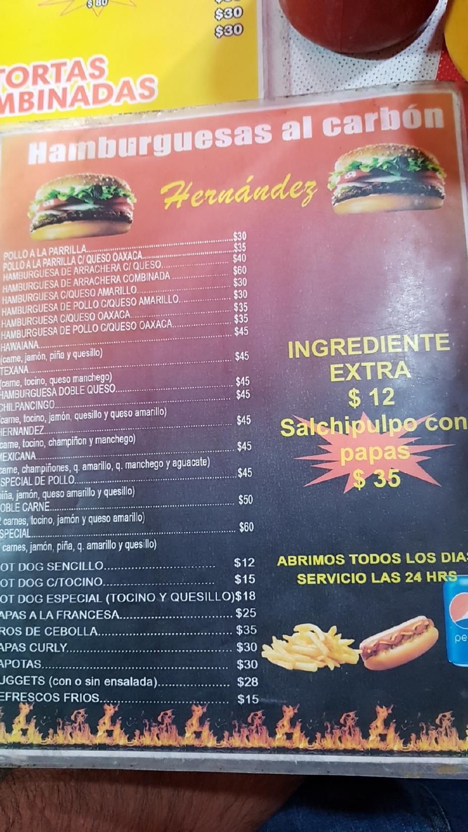 Menu at Hamburguesas Hernandez restaurant, Mexico, Oyamel