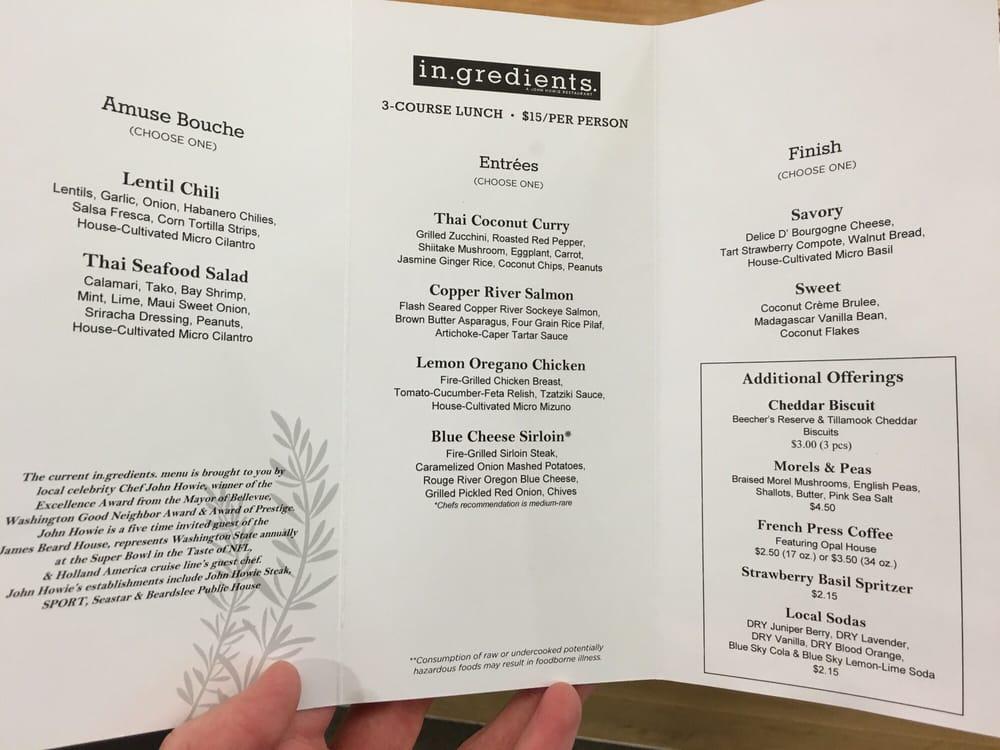 Menu at In.gredients restaurant, Redmond