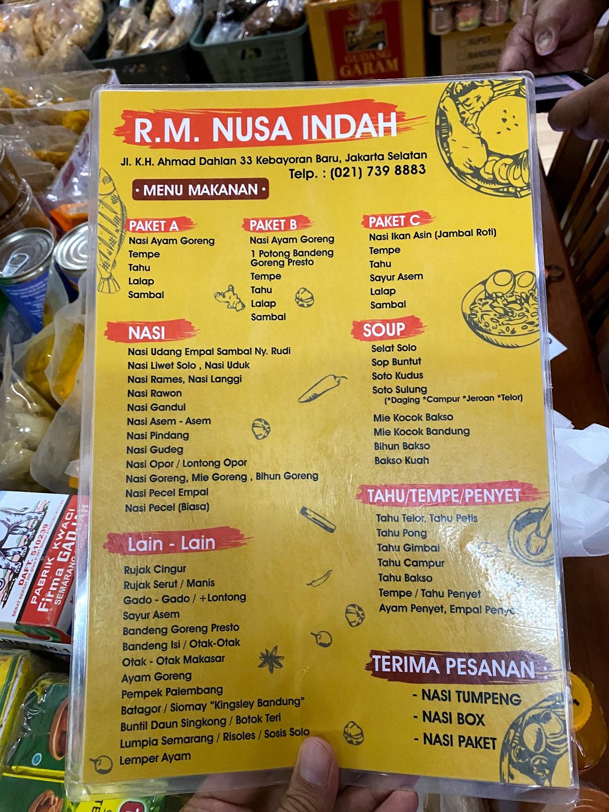 Menu at Nusa Indah Restaurant, Jakarta