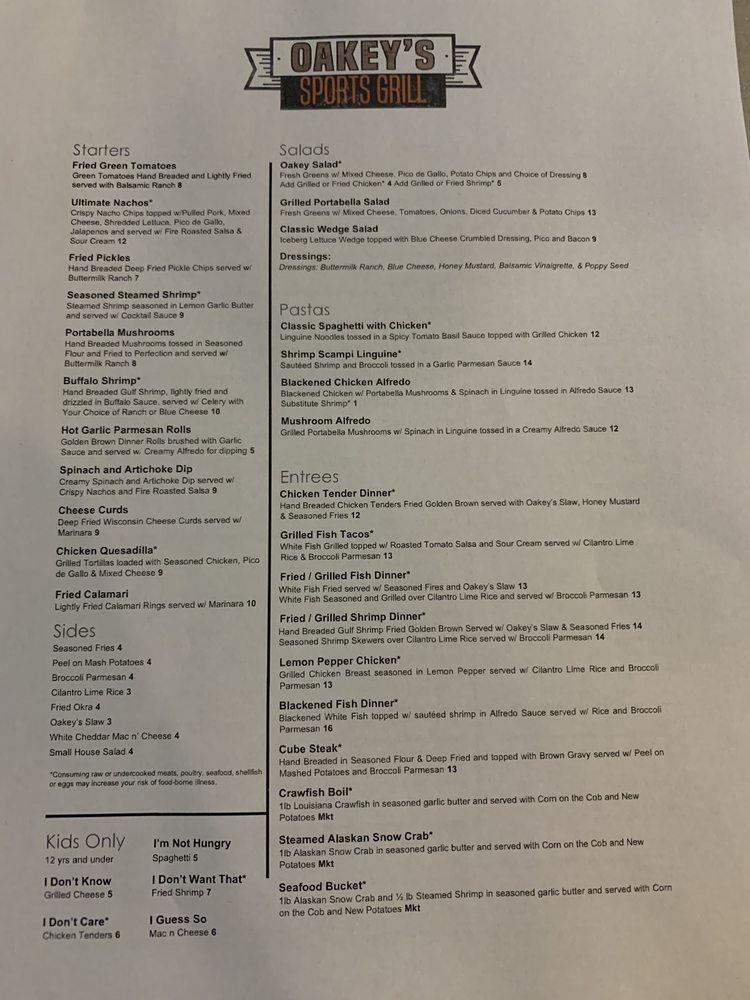 Menu at Oakey's Sports Grill pub & bar, Oak Ridge