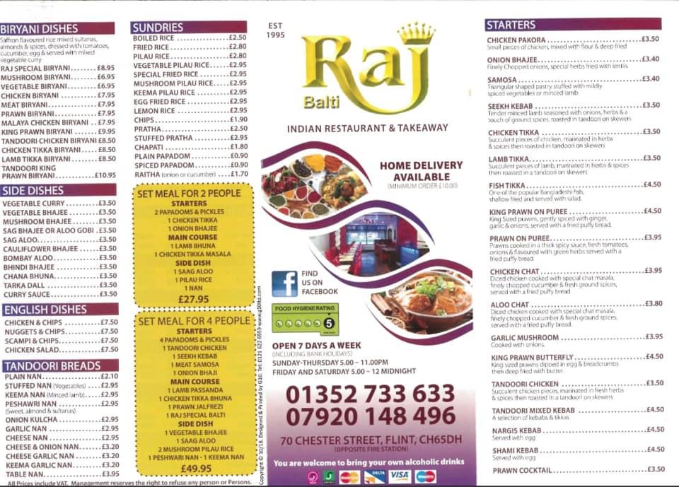 Menu at Raj Balti fast food, Flint