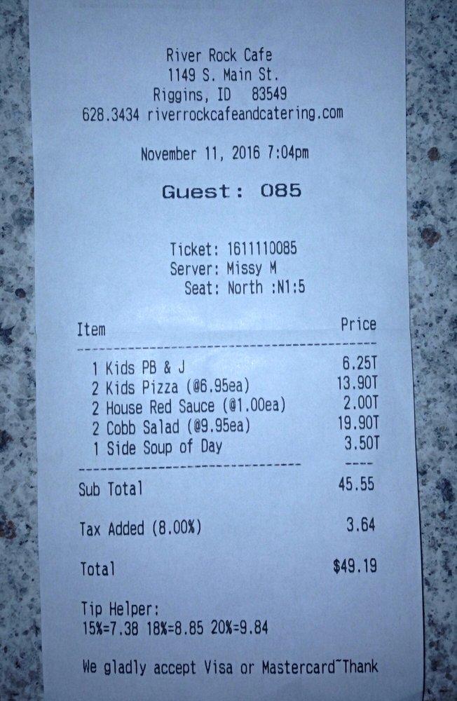 Menu at River Rock Cafe, Riggins