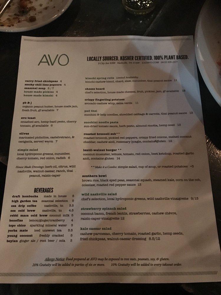 Menu at AVO pub & bar, Nashville, 4 City Ave #104