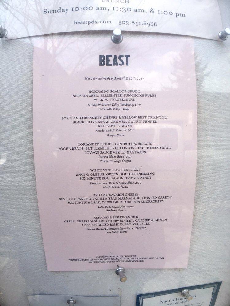 Menu at Beast restaurant, Portland
